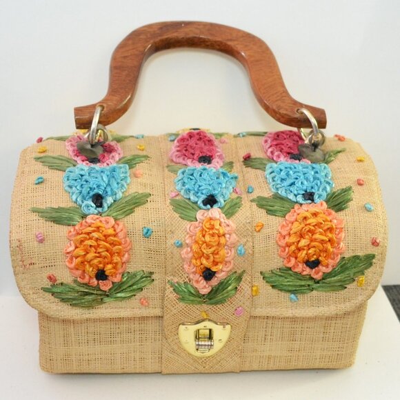 Bags | Vintage Woven Raffia Handbag With 3d Crocheted Floweres Wooden ...